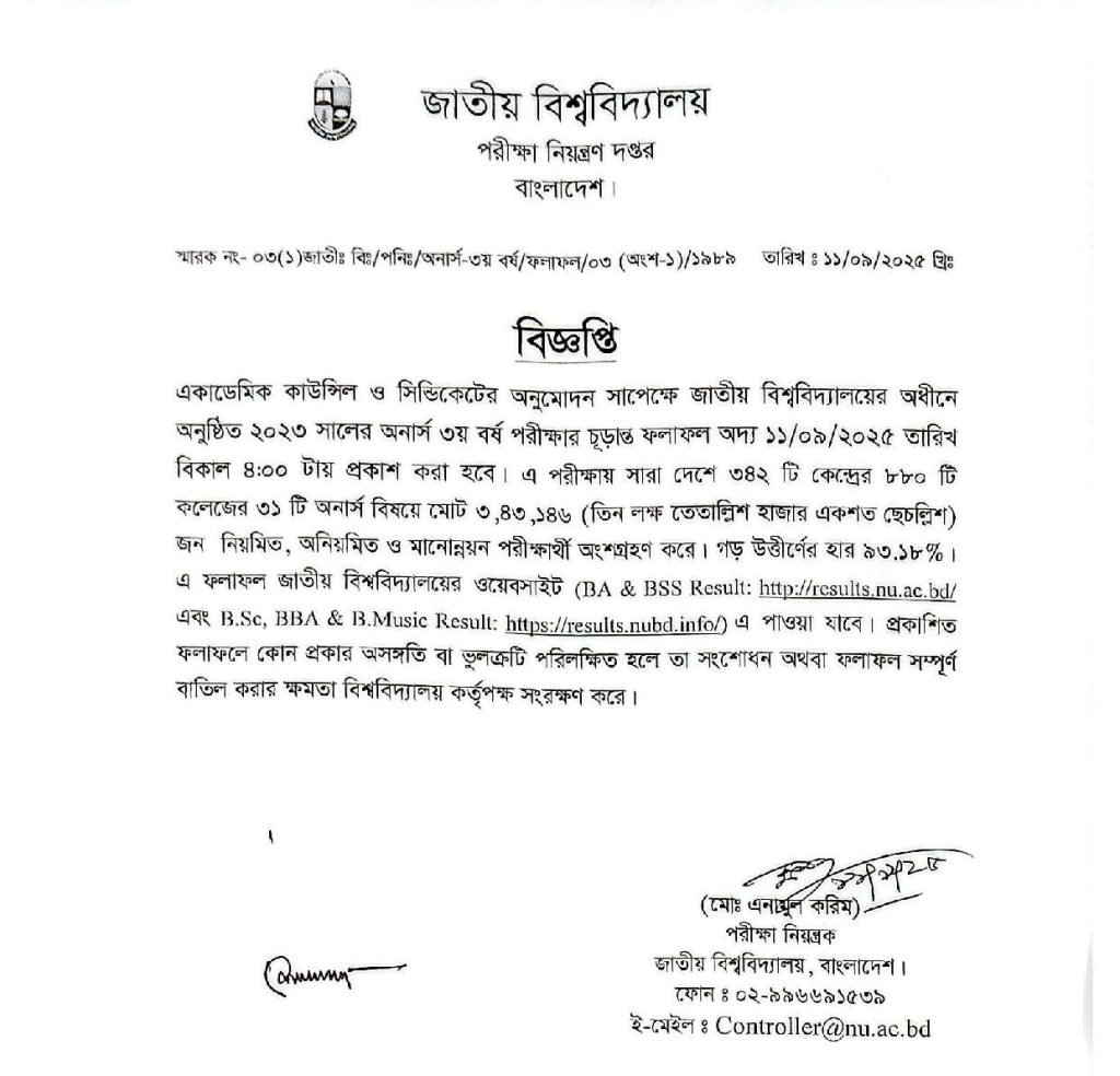 NU Honours 3rd Year Result 2025 - National University - NU Result