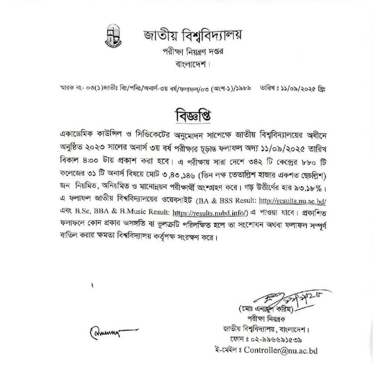 NU Honours 3rd Year Result 2025 - National University - NU Result